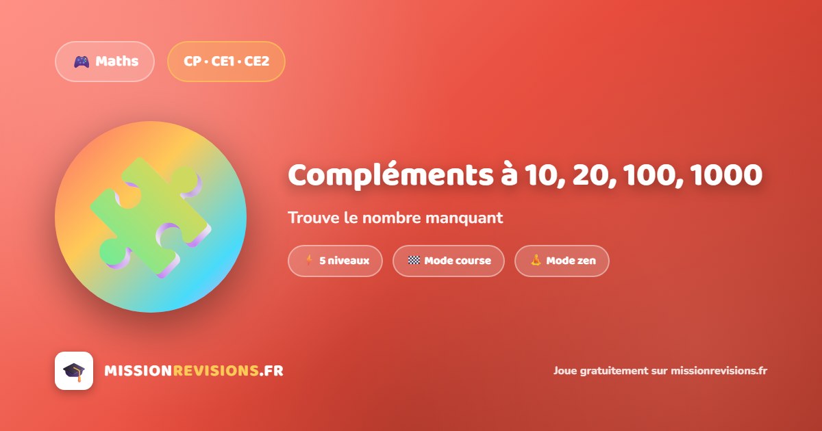 Compléments à 10, 20, 100, 1000 - Jeu éducatif CP CE1 CE2 | Mission ...